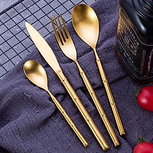 Tunkeny 64 Piece Golden Bamboo Flatware Set, Exquisite Silverware Set for 16, 18/10 Stainless Steel Flatware Cutlery Set, Durable Tableware Set, Mirror Polished, Dishwasher Safe