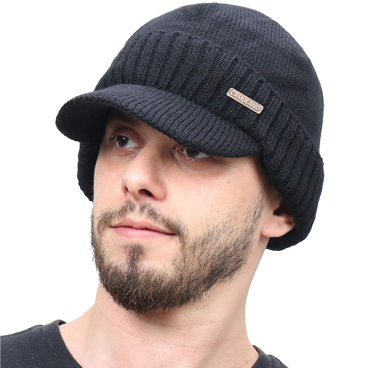 CAMOLAND 30% Wool Winter Beanie w/Visor & Earflaps for Men Outdoor Fleece Hat