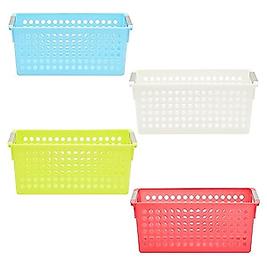 Farmlyn Creek 4 Pack Plastic Baskets with Handles, Narrow Storage Bins for Organizing, Kitchen and Laundry Shelves, Small Nesting Containers (4 Colors, 11.5 x 5 x 5 inch)