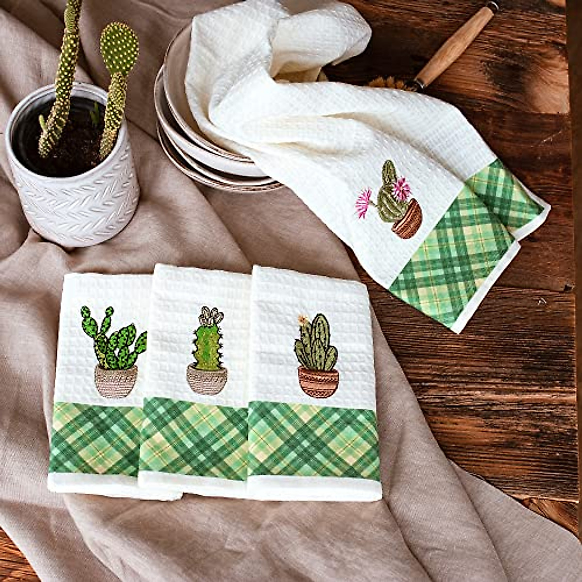 Lavien Home, Kitchen Dish Towels with Cactus Embroidered, Decorative Succulent Flowers Cute Tea Towels Turkish Cotton Waffle Weave 16 x 24 inches (Set of 4)