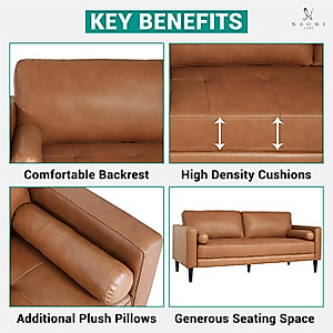 Naomi Home Marisa Genuine Leather Couch - Revel in Exquisite Leather Couch Opulence - Unparalleled Luxury Mid-Century Leather Couch – The Embodiment of Cozy Lounging and Contemporary Design, Tan