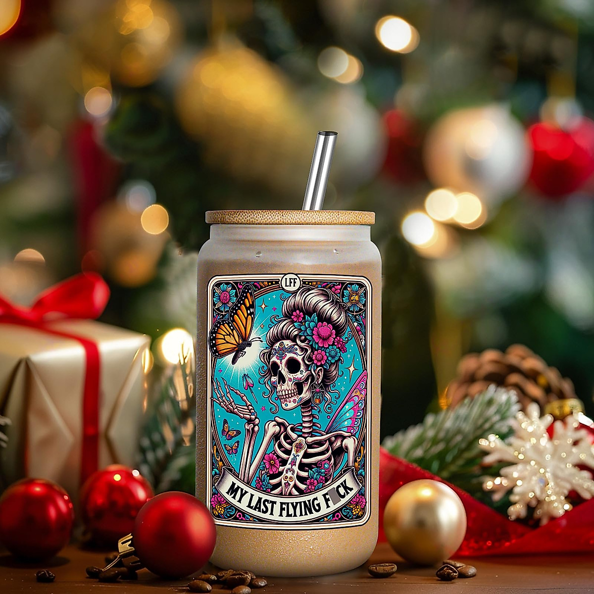 LEADO Tarot Card Funny Skull Cup, Halloween Cup Coffee Tumbler, 16 oz Cute Frosted Glass Cups with Lids Straws - Witchy Gifts for Women, Halloween Gifts, Christmas Gifts for Friend Mom Sister