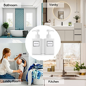 15oz Pump Dispenser for Bathroom, INSFIT Refillable Plastic Pump Bottles, Dish Soap Dispenser for Kitchen Sink, Hand Soap Dispenser, Laundry Detergent Dispenser with Waterproof Labels, 2 Pack White