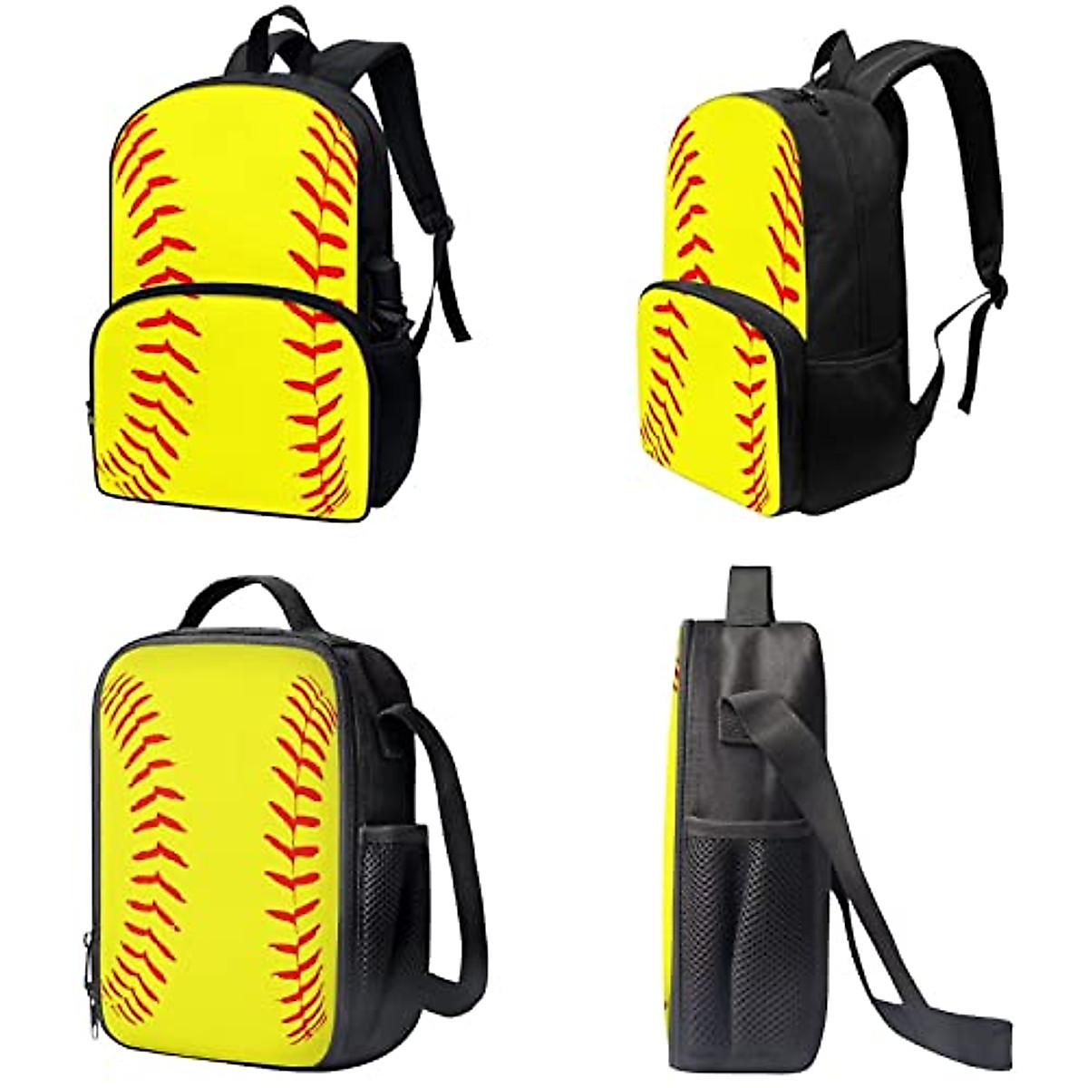 Suobstales Softball Print Backpack for Girls Kids Elementary Kindergarten Preschool School Bookbag with Lunch Box Pencil Case 3Pcs Set School Bag Lightweight Daypack Bagpack