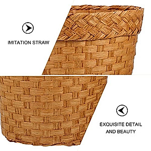 Woven Paper Wastebasket Rattan Trash Can Basket Round Woven Garbage Basket for Home Office ( Khaki )