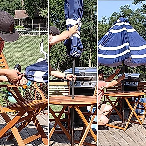 Sunnydaze 9 Foot Outdoor Patio Umbrella with Solar Lights & Tilt/Crank, LED, Navy Blue Stripe
