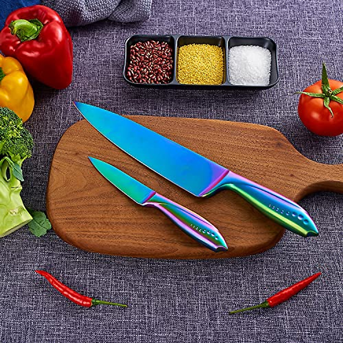 WELLSTAR Chef Knife Set of 2, Razor Sharp German Stainless Steel Blade and Ergonomic Comfortable Handle with Rainbow Titanium Coating, 8” Chef and 3.5” Paring for Kitchen Cutting – Gift Box Pack