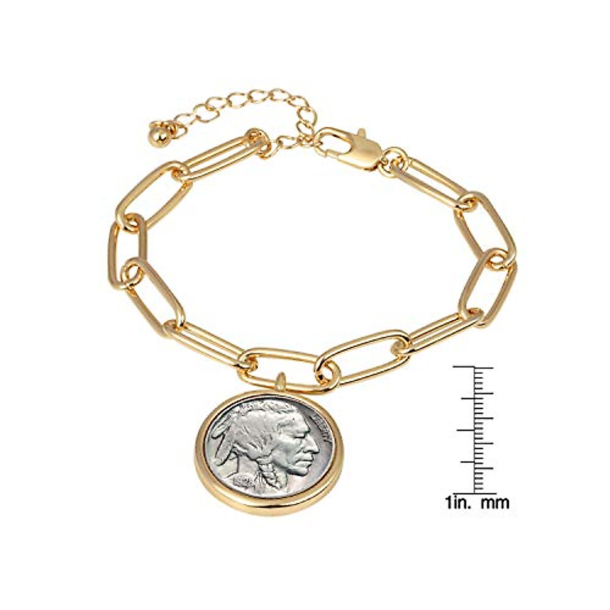 Buffalo Nickel Coin Elongated Link Bracelet | Goldtone Clip Style | 7 Inch 3 Inch Extender with Lobster Claw Clasp | Certificate of Authenticity