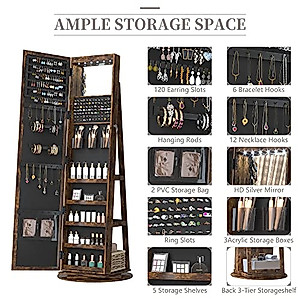 LVSOMT LED Full-Length Mirror Jewelry Armoire for Women, Free Standing Mirror with Jewelry Storage, 360° Swivel Jewelry Cabinet for Bedroom, Dressing room (Retro Brown)