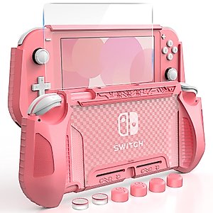 HEYSTOP Case Compatible with Nintendo Switch Lite, with Tempered Glass Screen Protector and 6 Thumb Grip, TPU Protective Cover for Switch Lite with Anti-Scratch/Anti-Dust (Pink)