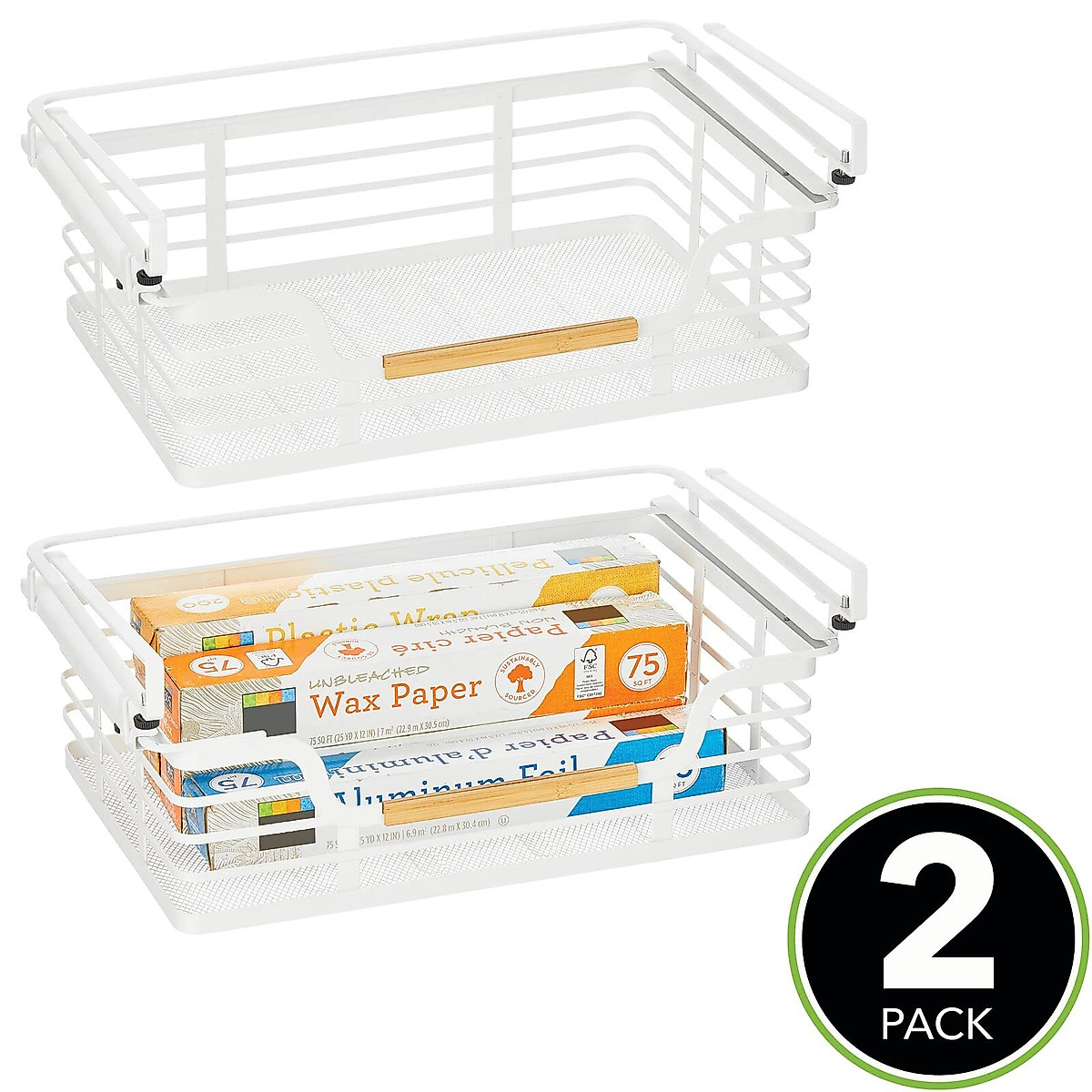 mDesign Metal Wire Wide Under Shelf Storage Baskets for Kitchen Pantry, Closet, Hanging Pull Out Shelving Bin, Sliding Hanger Rack for Bread, Canned Goods, Food, 2 Pack, Matte White/Natural