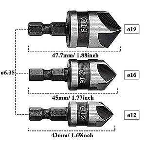 Mesee 3Pcs Countersink Chamfer Drill Bit Set, 5 Flute 90 Degree Chamfering Countersink Bits with 1/4Inch Hex Shank, 12mm 16mm 19mm