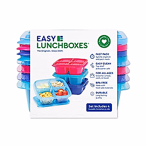 EasyLunchboxes - Bento Snack Boxes - Reusable 4-Compartment Food Containers for School, Work and Travel, Set of 4 (Jewel Brights)