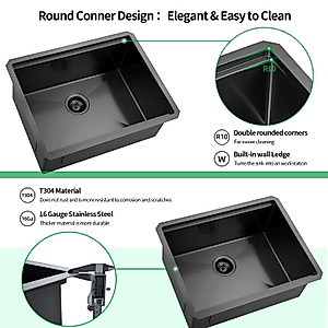 EcoChannels Undermount Kitchen Sink, 24 x 19 Inch Sink Kitchen 16 Gauge Stainless Steel Kitchen Sinks Gunmetal Black Single Bowl Workstation Sink with Cutting Board