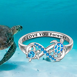 Sea Turtle Ring Blue Opal 925 Turtle Rings for Women Sterling Silver Infinity Cute Ocean Tortoise Jewelry I Love You Forever BFF Mother Day Christmas Gifts Size 6