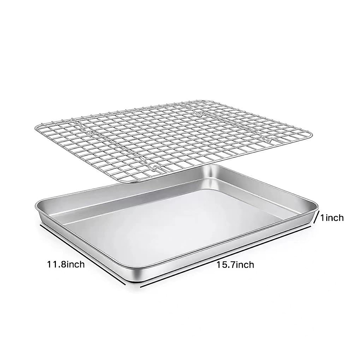 N&S AMOCWJ Food Grade Cookie Sheet with Wire Rack, Half Baking Pan for Oven Cooking, Stainless Steel Rimmed Tray Cooling Roasting Broiling Bacon Meat Steak - Dishwasher Safe (XL), Silver