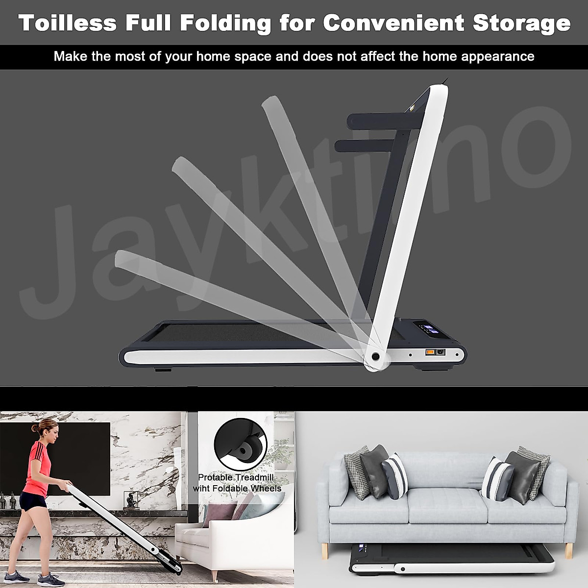 Jayktimo Treadmill, Walking Pad-7.6miles Under Desk Treadmill-2 in 1 Folding Treadmill-Treadmills for Home and Office, Black White