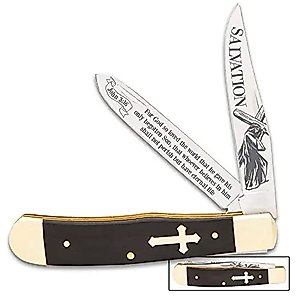 BUDK Salvation Trapper Pocket Knife – Dual Stainless Steel Blades, Laser Etched Artwork, Black Buffalo Horn Handle, Cross Inlay – Christian Gift Ideas - 4” Closed
