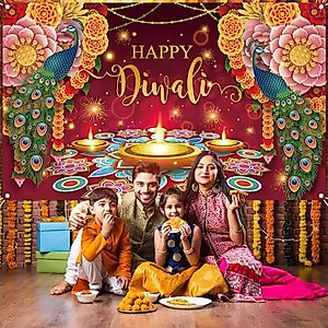 Happy Diwali Backdrop Banner, Indian Diwali Decorations for Home, Diwali Party Supplies Photography Background, Diwali Peacock Banner Wall Hanging for Diwali Party Decorations