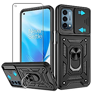 for OnePlus Nord N200 5G Case with HD Screen Protector with Slide Camera Cover, Atump 360° Rotation Ring Kickstand [Military Grade] Shockproof Protective Case for OnePlus Nord N200 5G,Black