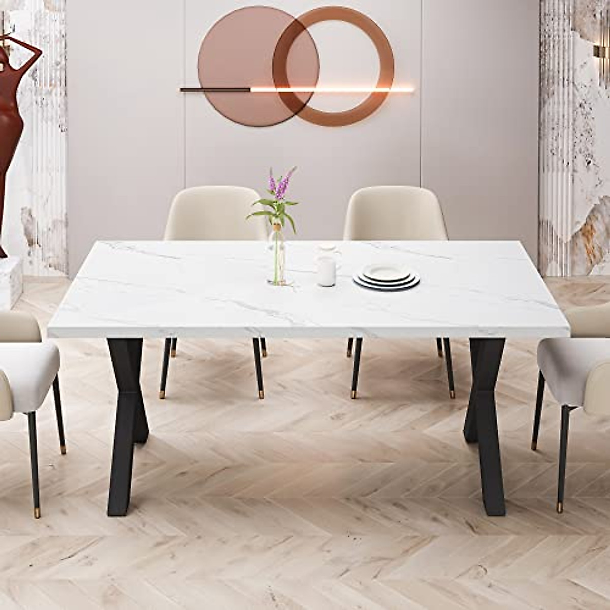 70.87" Faux Marble Dining Table, Modern Rectangular Dining Table with Printed Marble Table Top and X-Shape Stainless Steel Table Leg/Metal Base for Kitchen & Dining Room（White Top+ Black Legs）