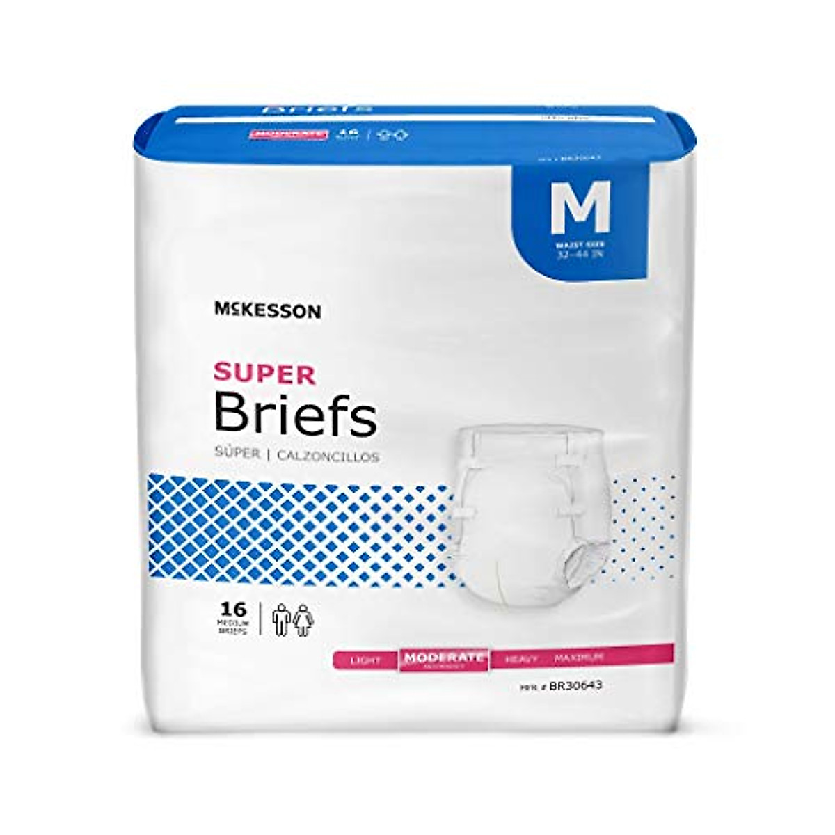 McKesson Super Briefs, Incontinence, Moderate Absorbency, Medium, 16 Count, 6 Packs, 96 Total