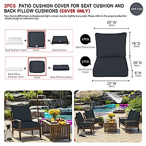 2Pcs Outdoor Seat and Back Cushion Replacement Covers Set Fit for Patio Furniture Sofa Chair Loveseat Sectional Couch,Durable Fadeless, 25Wx26Dx6H,25Wx18Dx6H,Dark Grey-Include Cover Only