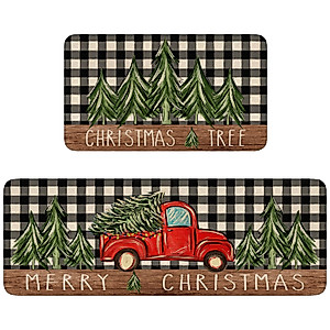 Eikunn Christmas Kitchen Rugs Set of 2,Red Truck Christmas Tree Kitchen Mat for Floor,Winter Holiday Non-Slip Washable Kitchen Sink Mats Kitchen Decor Doormat+Runner Rug