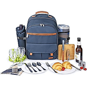 Sunflora Picnic Backpack for 2 Person Set Pack with Insulated Waterproof Pouch for Couple Outdoor Camping (Navy)