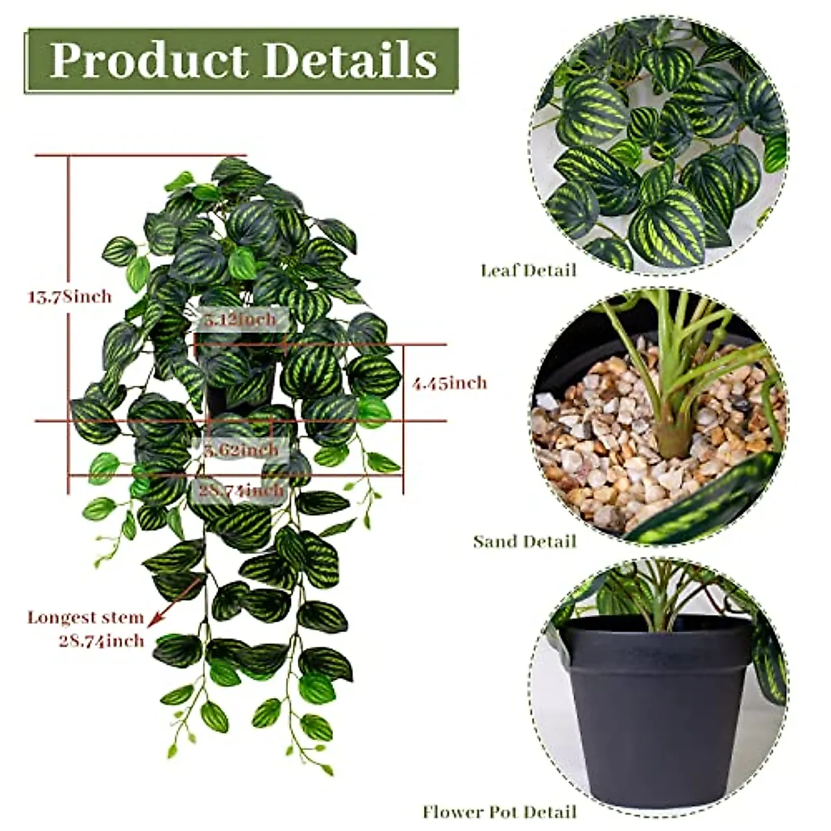 LOYWREE 28.7 Inch Faux Peperomia Watermelon Artificial Plants - Realistic Faux Plants in Pot for Indoor Outdoor Home Office Decor - Perfect Housewarming Gift