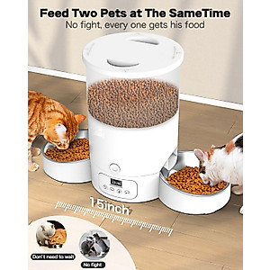 SURDY Automatic Cat Feeder for 2 Cats, 3L Cat Food Dispenser Auto Cat Feeder with 2 Stainless Bowls, 10s Meal Call Dual Power Supply and Timer Setting 12 Portions 6 Meals Per Day for Cats (White, 3L)