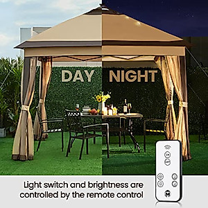 Yaheetech 11'x11' Pop Up Gazebo Instant Tent with Solar LED Lights & Zippered Mesh Netting, Outdoor Shelter Sun Shade Gazebo for Backyard Garden Patio, Khaki & Brown