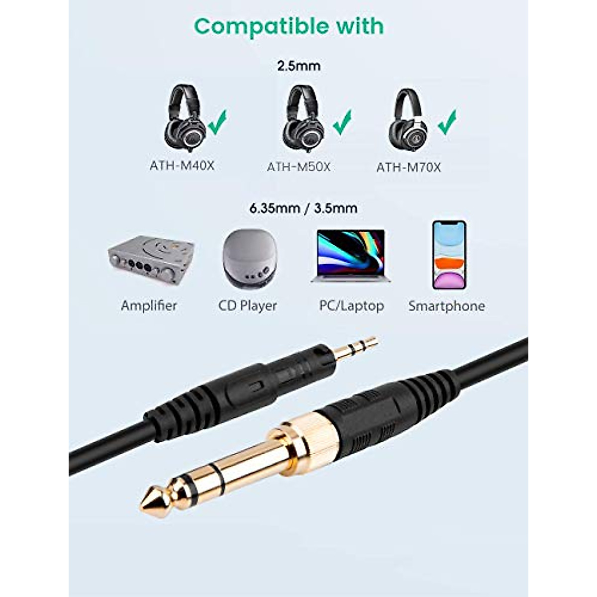 Smays ATH-M50x Cable, Coiled AUX Cord Replacement for Audio-Technica ATH-M40x, ATH-M70x Headphone with 1/4 inch Adapter, 4ft to 10ft
