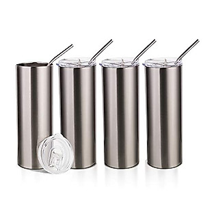 PYD Life Sublimation Blanks Skinny Tumbler Cups Silver 20 OZ Stainless Steel Straight Tumbler with Metal Straw for Tumbler Heat Press Sublimation Oven Printing 4 Pack