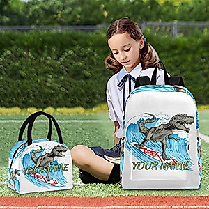 MCHIVER Dinosaur Surfer Personalized School Backpack with Lunch Box Custom Backpack for Boys Girls Casual Bookbags Set for Camping Travel Work