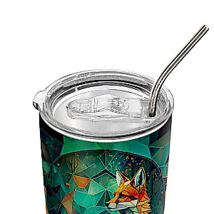 20oz Green Jade Stained Glass Crystal Mosaic Fox Tumbler, Gifts for Fox Lovers, Coffee Thermos for Women, Stainless Steel Double Wall Vacuum Insulated Coffee Mug, Travel Cup with Lid