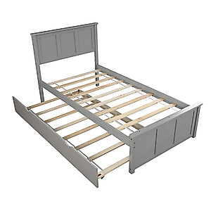 P PURLOVE Twin Size Bed Frame with Trundle,Wood Platform Bed with Twin Size Trundle Bed,Twin Platform Bed Frame with Headboard with Slat Support, No Box Spring Need