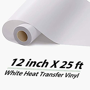 HTVRONT White Iron on Vinyl Roll - 12" x 25ft Heat Transfer Vinyl, Clothing Heavy Duty White HTV Vinyl, Easy Cutting & Weeding