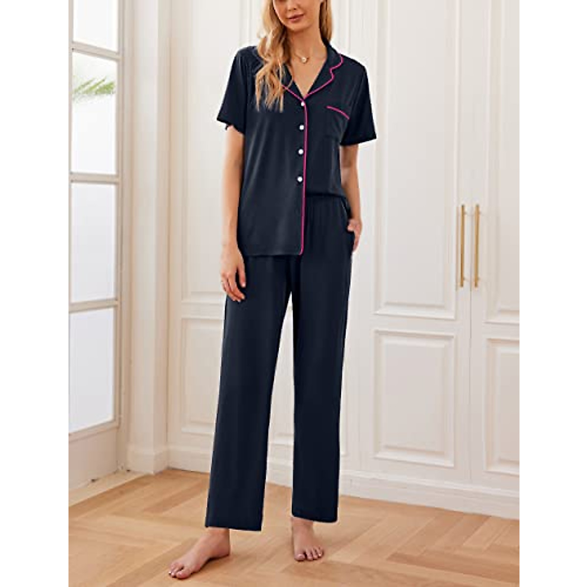 Ekouaer Womens 2-Piece Casual Button Down Nightwear Short Sleeve Pajama Set, Deep navy blue, Medium