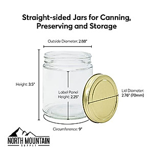 North Mountain Supply 9 Ounce Clear Glass Straight Sided Mason Canning Jars - With 70mm White Metal Lids - Case of 12