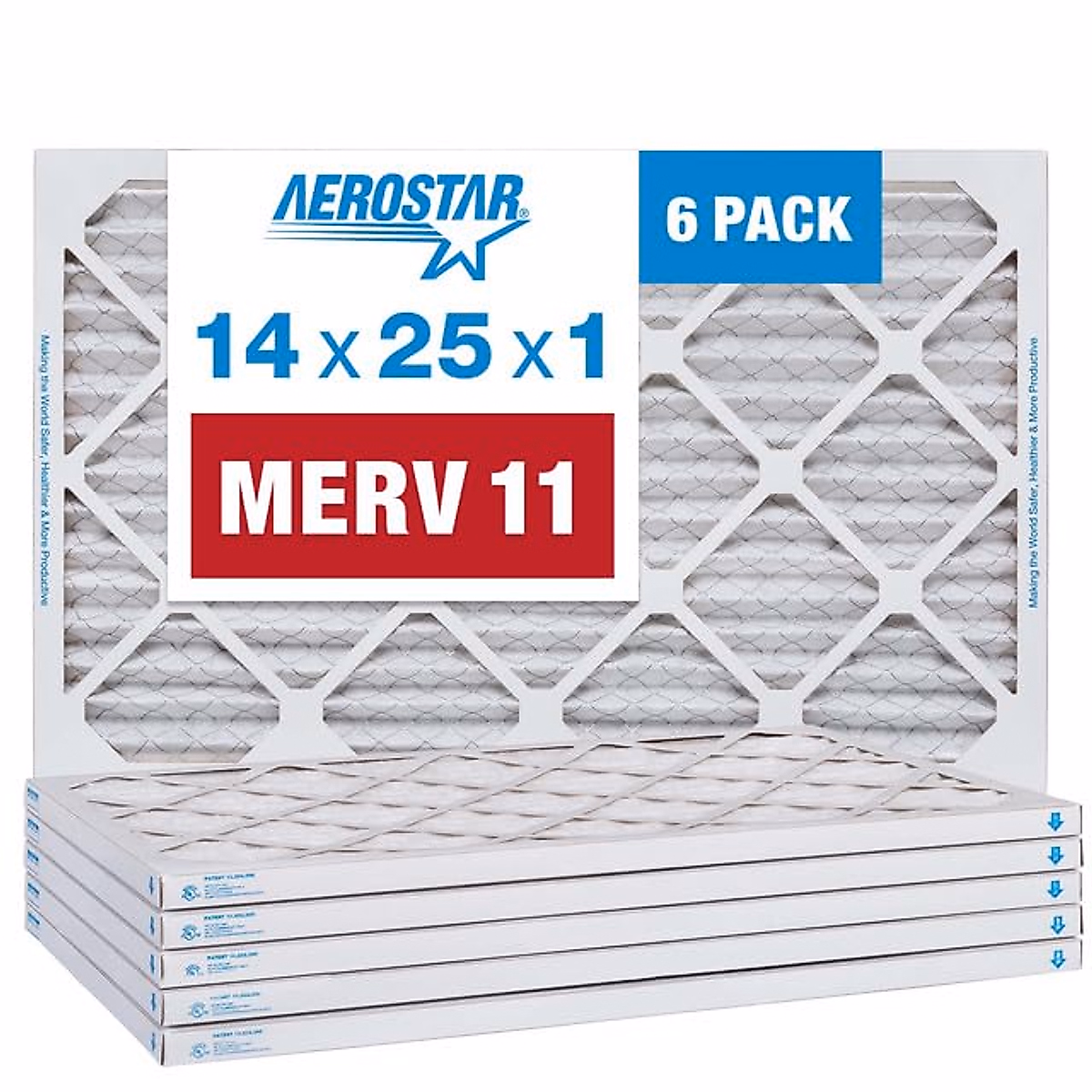 Aerostar 14x25x1 MERV 11 Pleated Air Filter, AC Furnace Air Filter, 6 Pack (Actual Size: 13 1/2" x 24 1/2" x 3/4")
