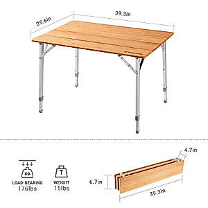 KingCamp Bamboo Camping Table Adjustable Height Portable Compact Folding Table for Indoor Outdoor Picnic Backyard BBQ