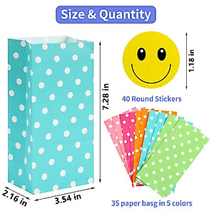 AN JING ZHI 35pcs Kraft Paper Party Favor Bags, 5 Colors Small Gifts Bags with Stickers, Goodies Bags for Birthday, Baby Shower, Wedding and More, 3.54 x 2.16 x 7.28 Inches