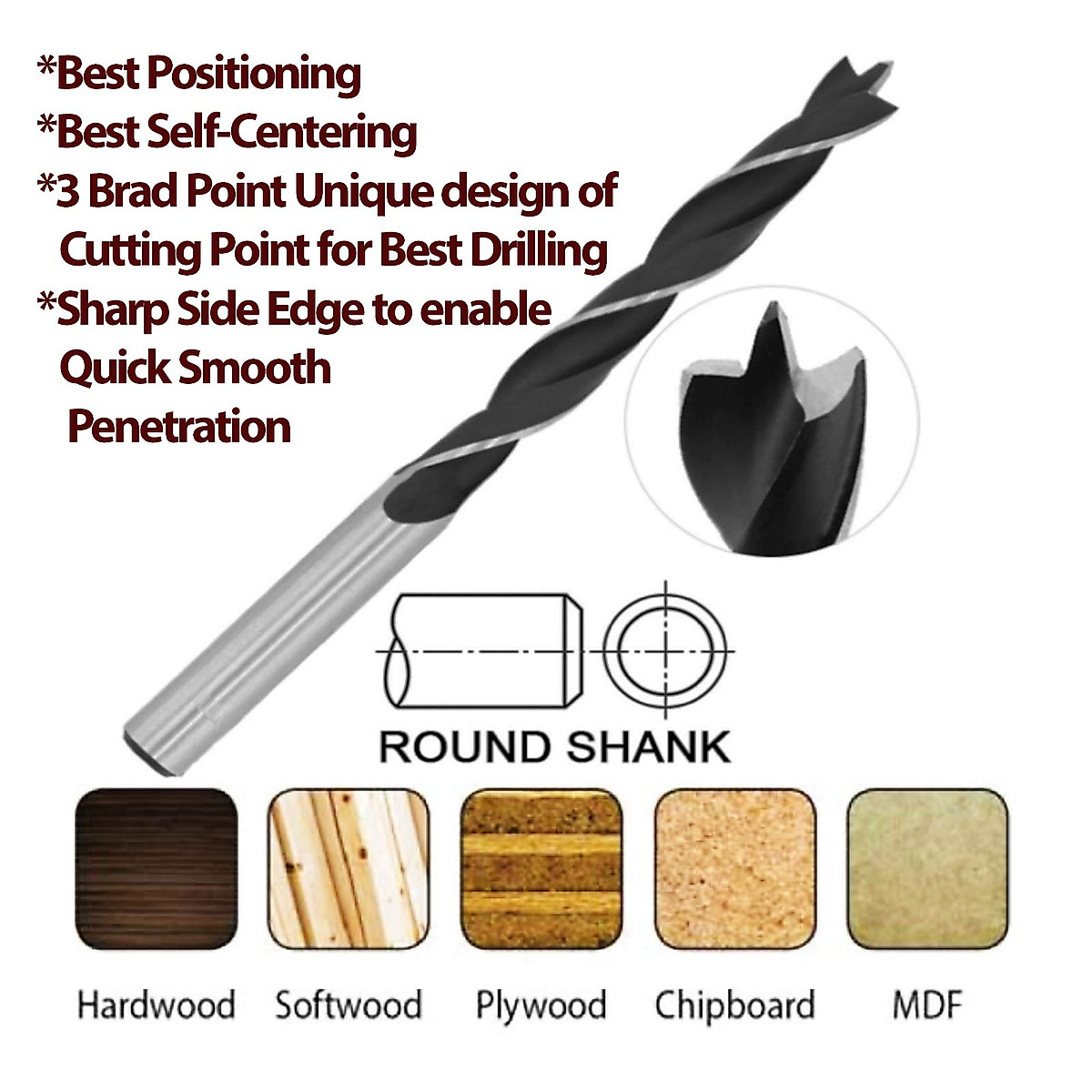 Brad Point Drill Bit Set 7/16 in. 5Pcs Spur Point Stubby Woodworking Drill Bits