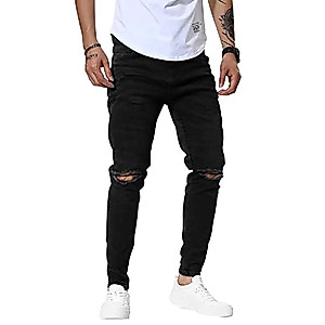 Woenzaia Black Ripped Skinny Jeans for Men Stretch Slim Fit Distressed Denim Jeans Tapered Jean Pants