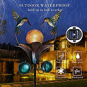 VCUTEKA Solar Lights Outdoor Metal Garden Stake Waterproof Crackle Glass Globe Garden Decor Hummingbird for Pathway, Lawn, Patio, Yard