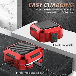 【with Anti-Drop Lock】 Carbon Fiber Beats Fit Pro Case Cover 2021,Shock-Absorbing Beats Fit Pro 2 protector with Accessories Keychain/Zipper Storage Bag/Cleaner Brush/Portable Wrist Strap - Red