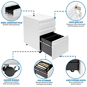 Mount-It! 3 Drawer File Cabinet with Lock and Wheels, Under Desk Storage Filing Cabinet for Home Office, Small Rolling File Cabinet for Legal, Letter, and A4 Files in White