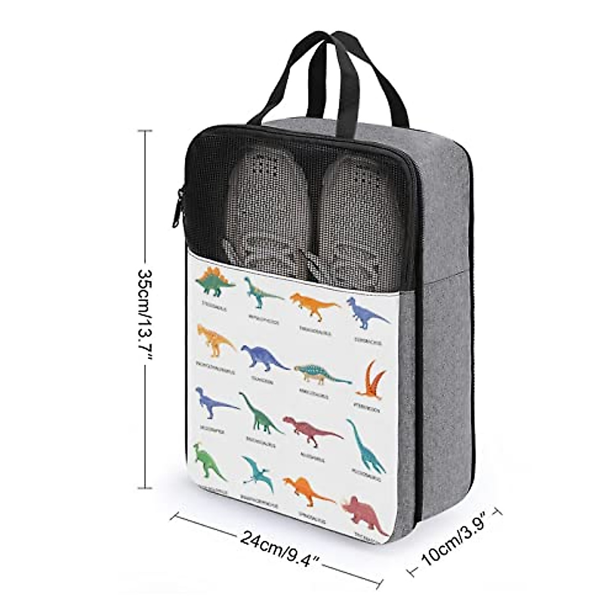 Frcavbin Colored Dinosaurs with Name Travel Shoe Bag Shoes Carrier with Handle and Zipper Foldable Shoe Puches Organizer for Home storage School starts