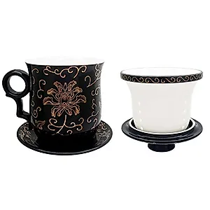 Tea Talent Porcelain Tea Cup with Infuser Lid and Saucer Sets - Chinese Jingdezhen Ceramics Coffee Mug Teacup Loose Leaf Tea Brewing System for Home Office